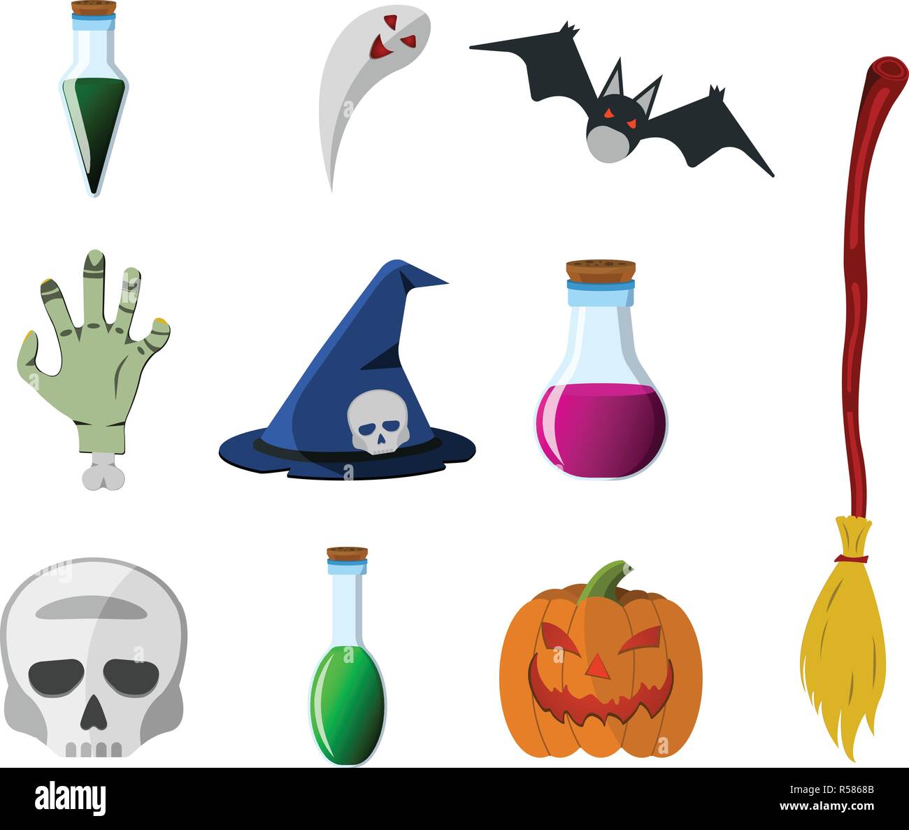 Cartoon Halloween icon set. Pumpkin, Deadman's Hand, Skull, Flask ...