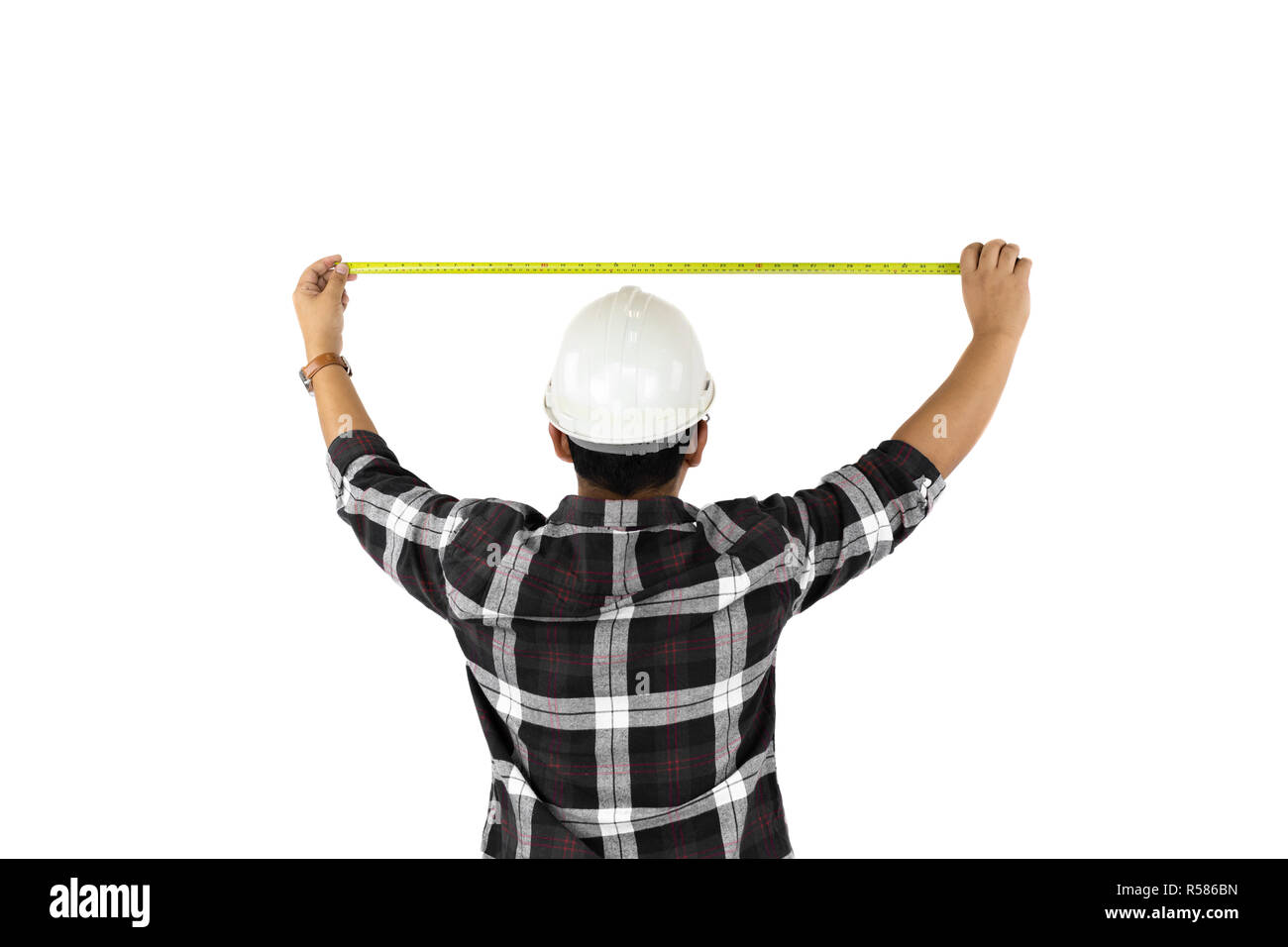 Builder measuring size with tape meter isolated on white backgroun ...