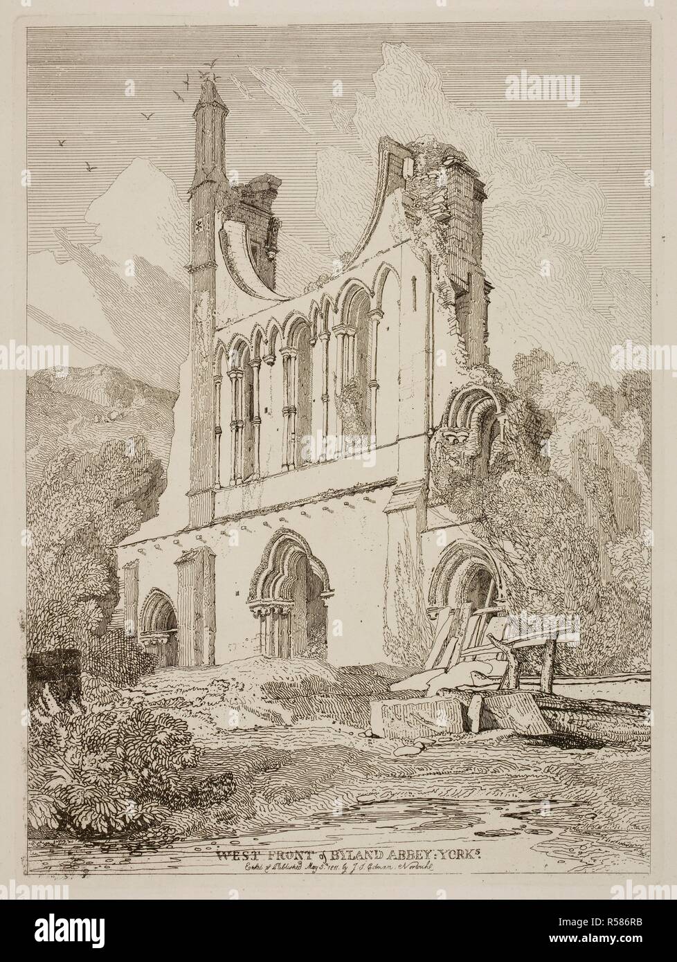 Etching by John Sell Cotman of Byland Abbey in Yorkshire. Ruins. Abbey ...