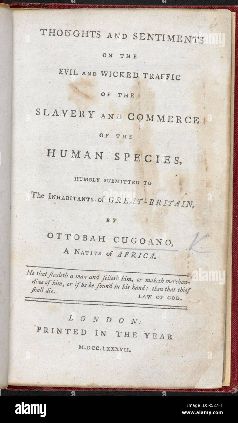 Title page of a book on the subject of slavery. Thoughts and Sentiments ...