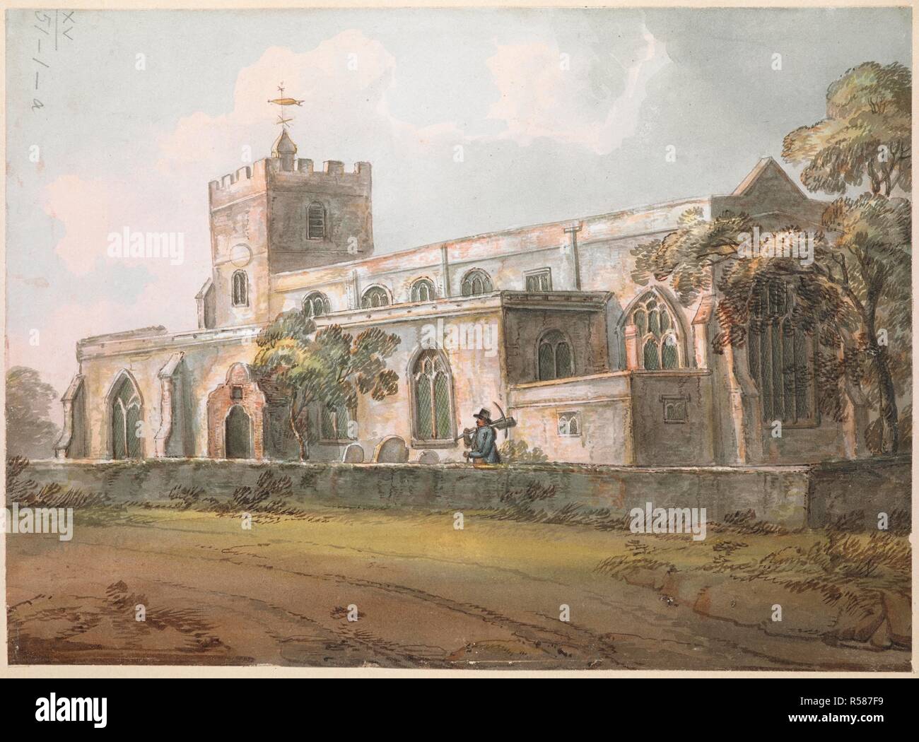 St. John the Baptist Church, Barnet; a figure with a pickaxe in front ...