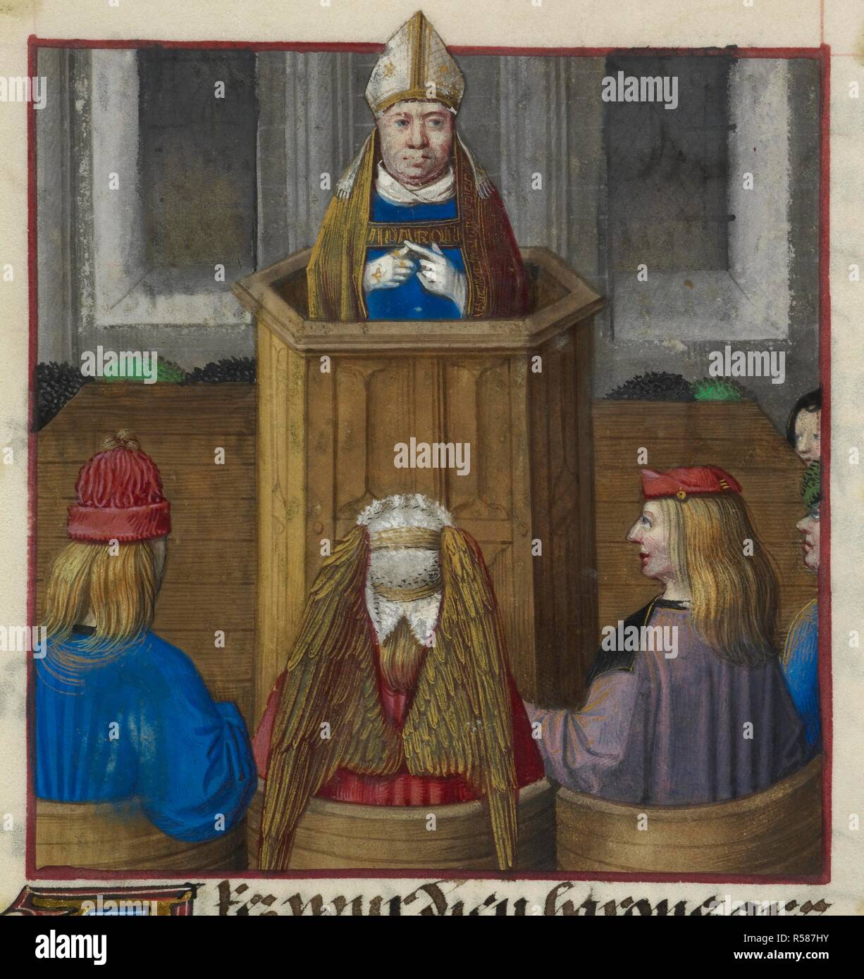 Detail of a miniature of a priest preaching to the armies of Venus ...