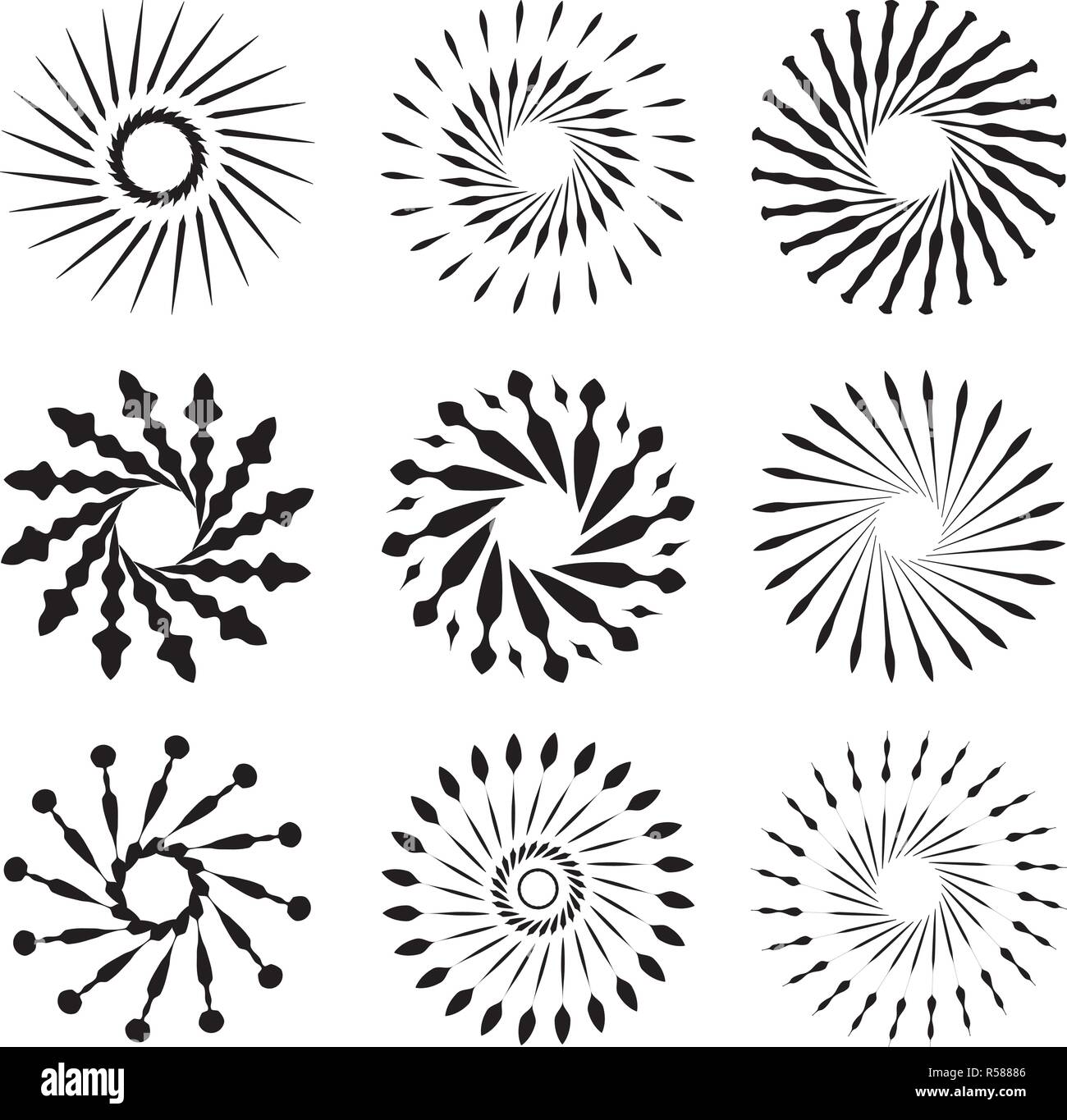 Set of Retro Brush Sun Burst Shapes. Vintage logo, labels, badges ...