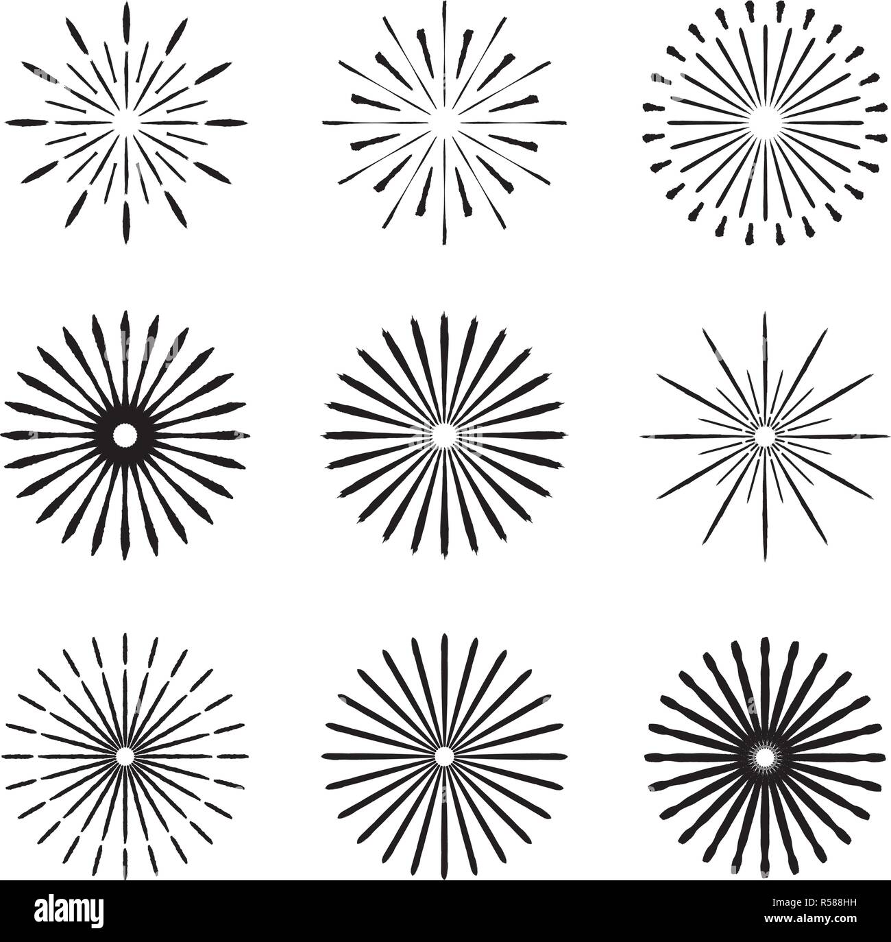 Set of Retro Brush Sun Burst Shapes. Vintage logo, labels, badges ...