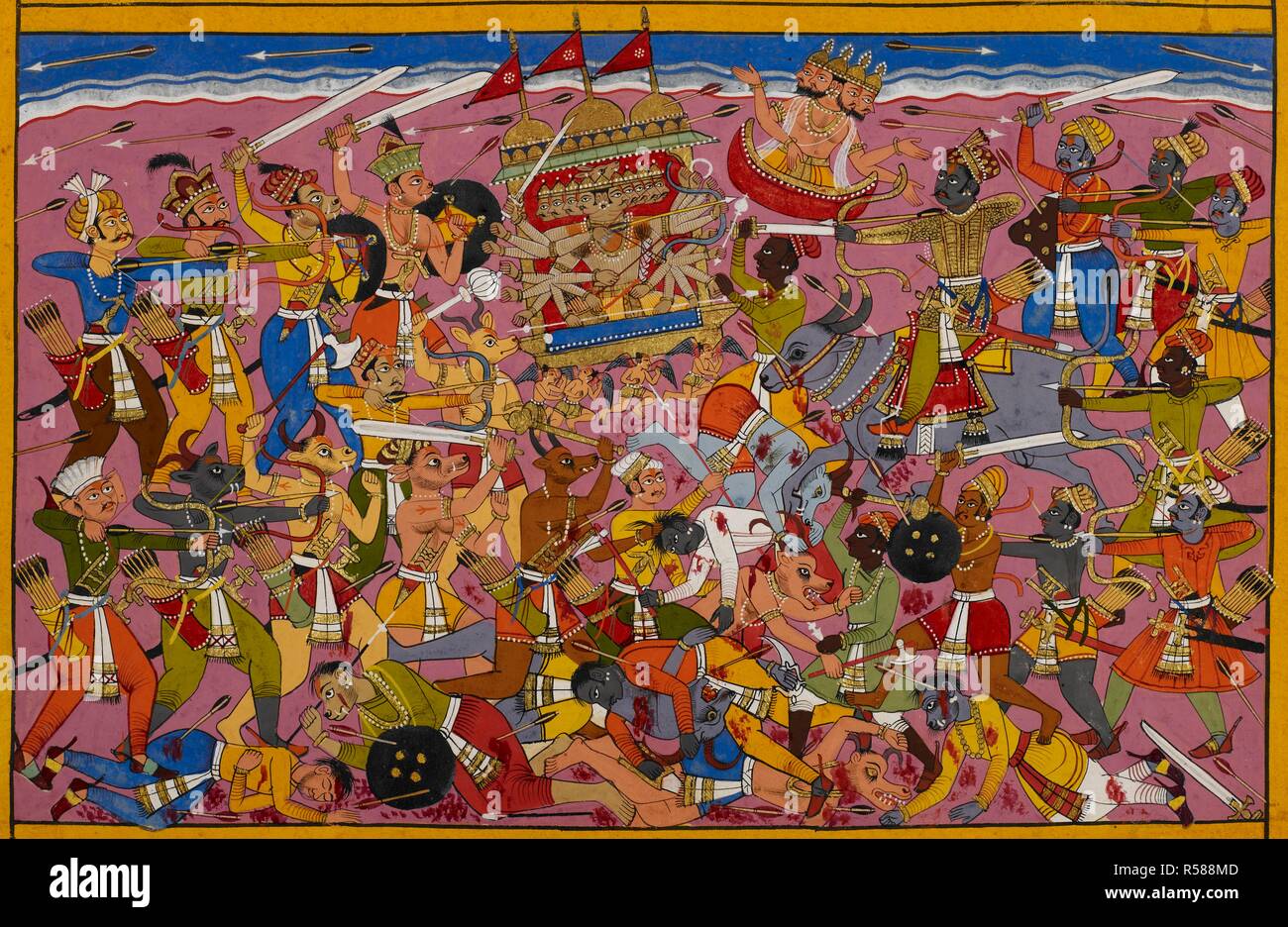 Ravana is shown aiming arrows at his adversary from the puspaka chariot ...