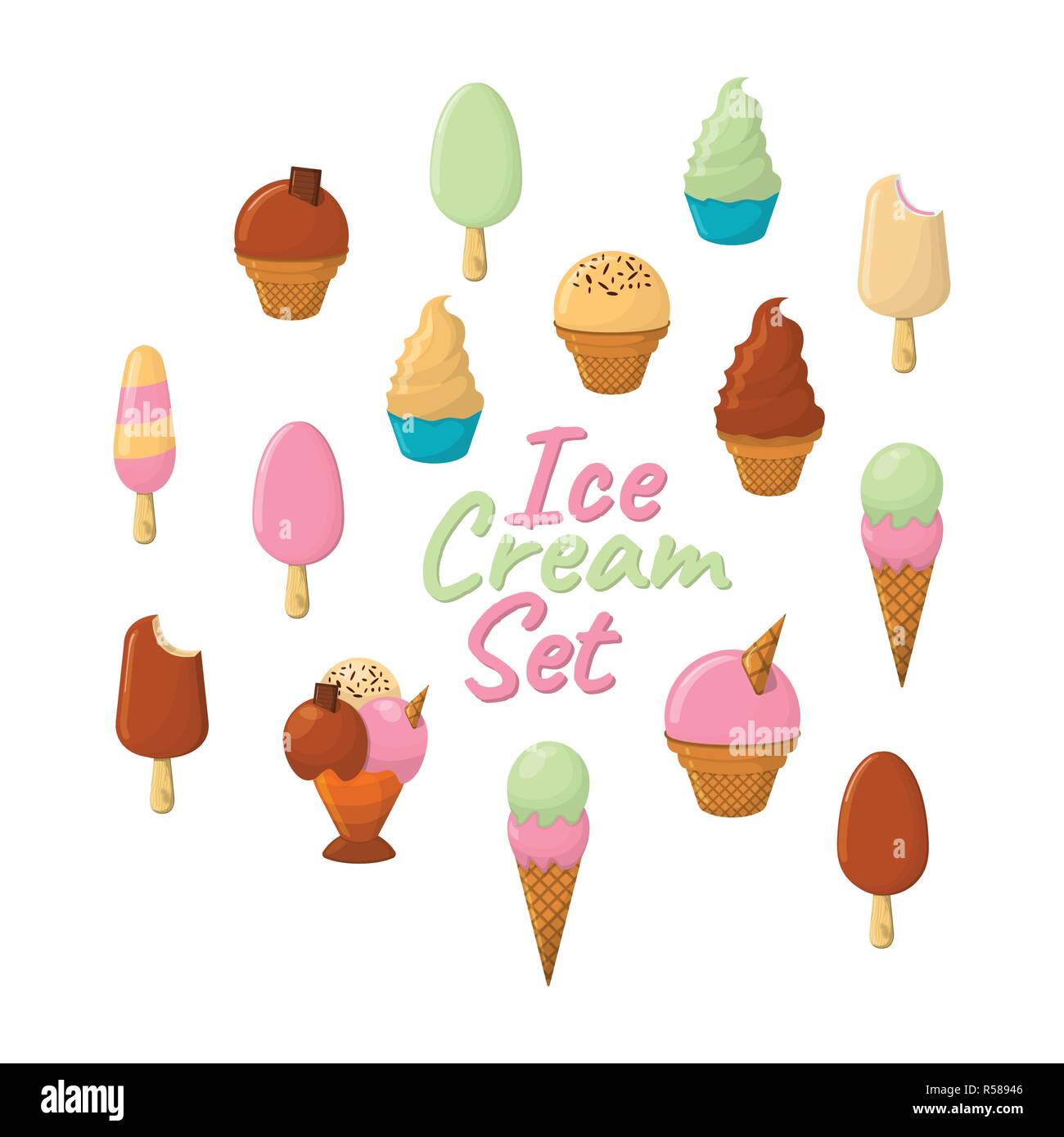 Set of Ice Cream Cartoon Icon. Summer Sundae Logo and Label for Ice ...