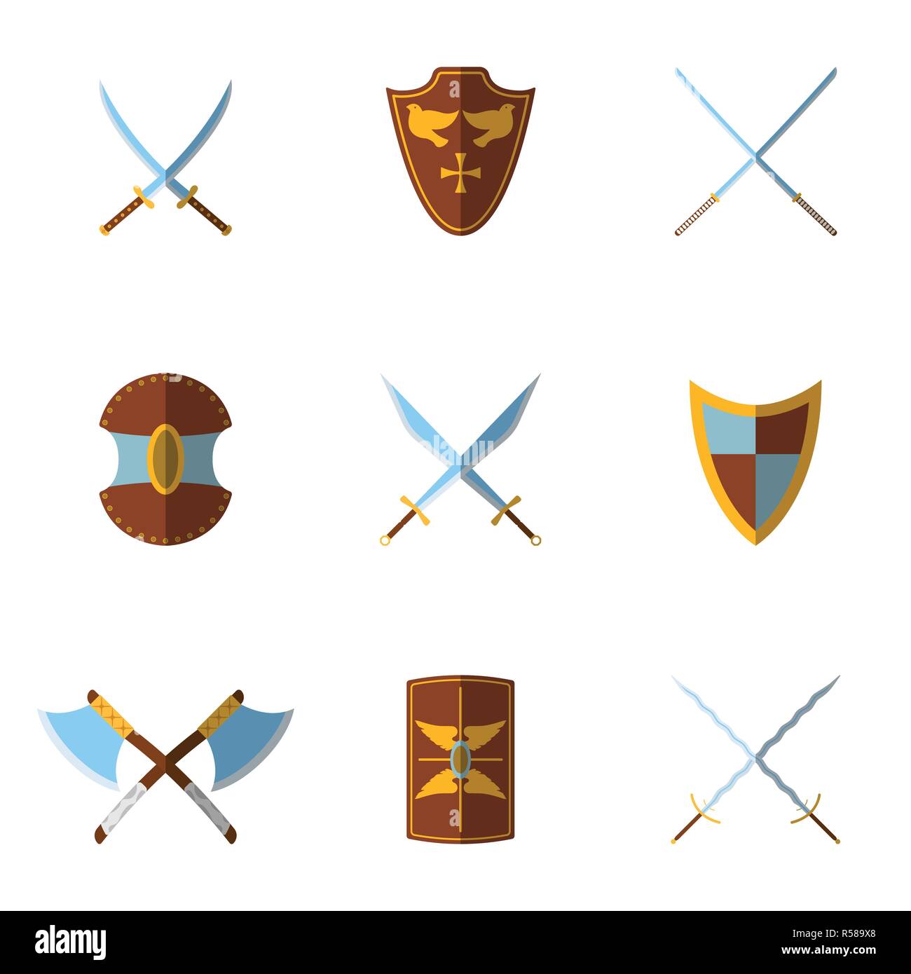 Set of Medieval Shield and Weapon Icon and Label. Flat style. Vector ...
