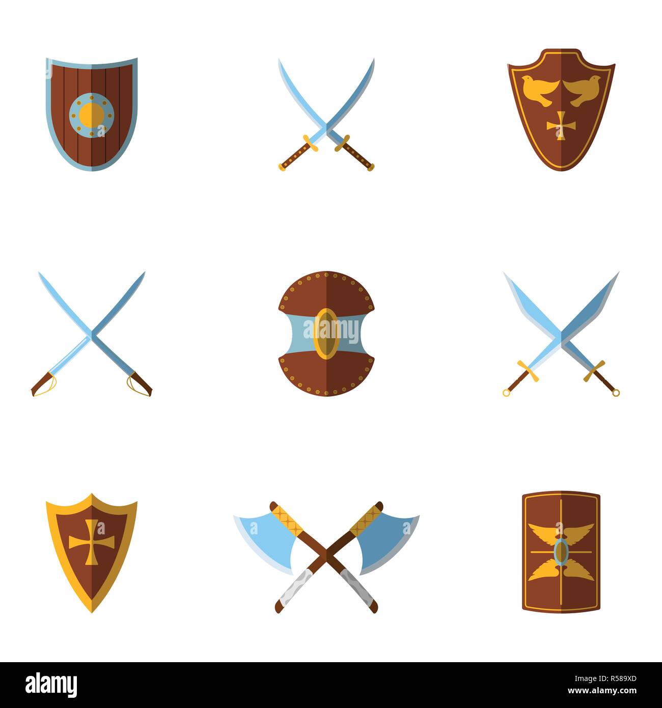 Set of Medieval Shield and Weapon Icon and Label. Flat style. Vector ...