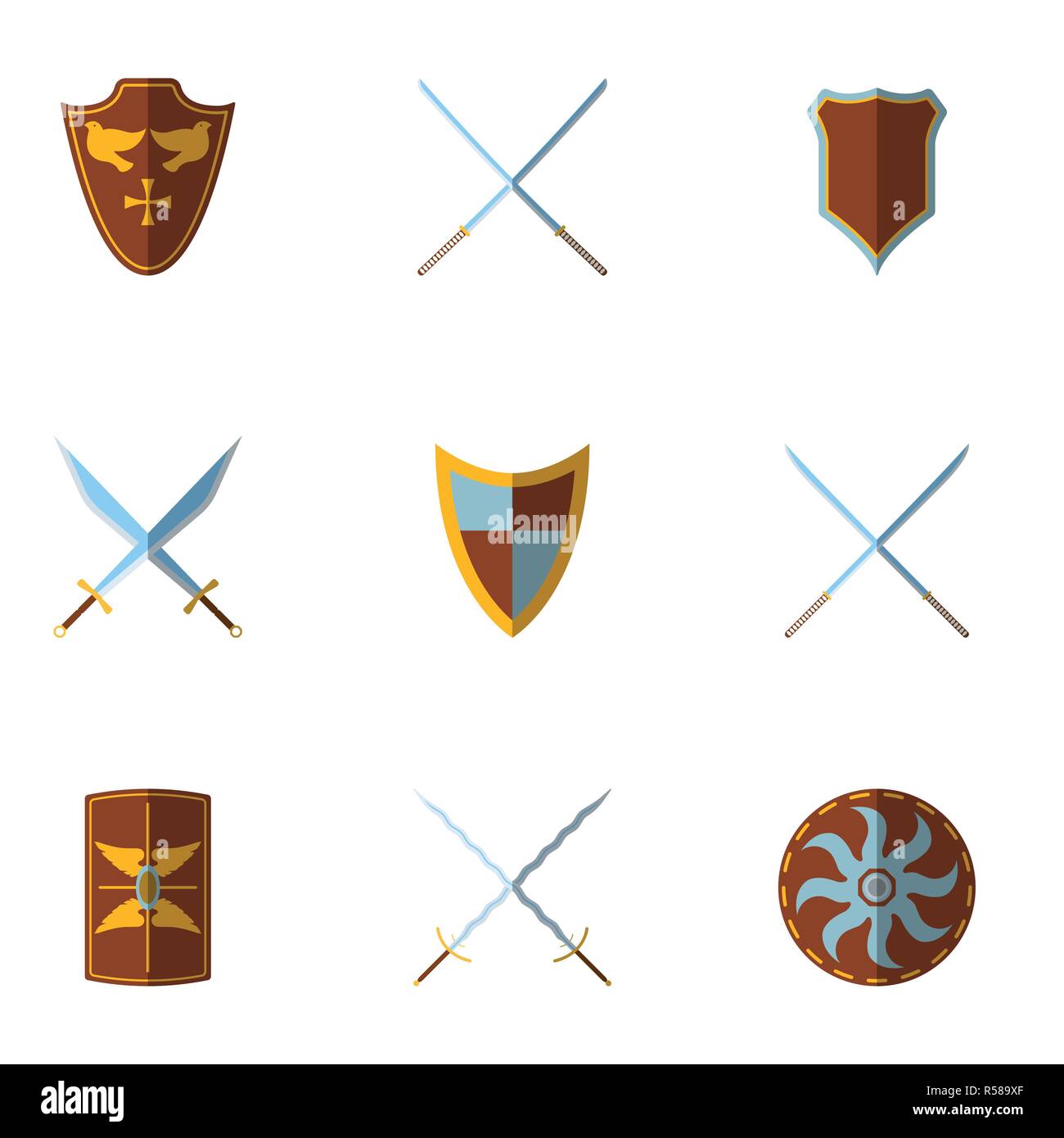 Set of Medieval Shield and Weapon Icon and Label. Flat style. Vector ...