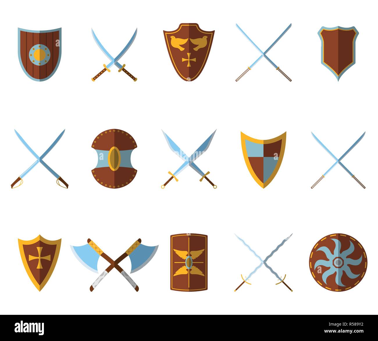 Set of Medieval Shield and Weapon Icon and Label. Flat style. Vector ...
