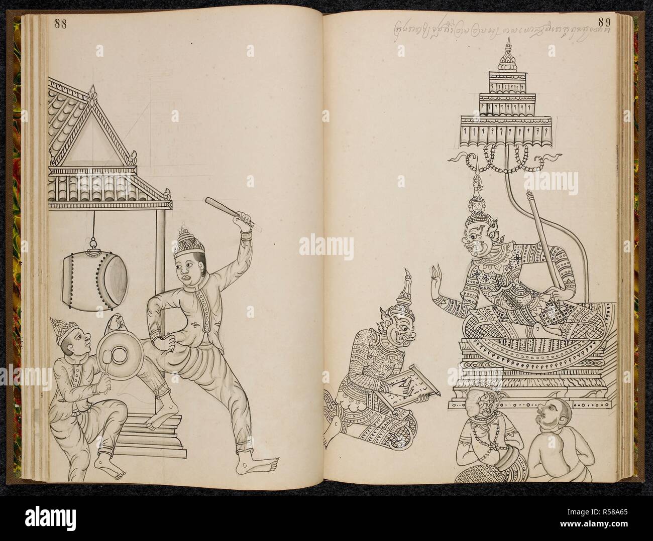 Ravana on his throne with attendants, scene from the Ramakien (Thai ...