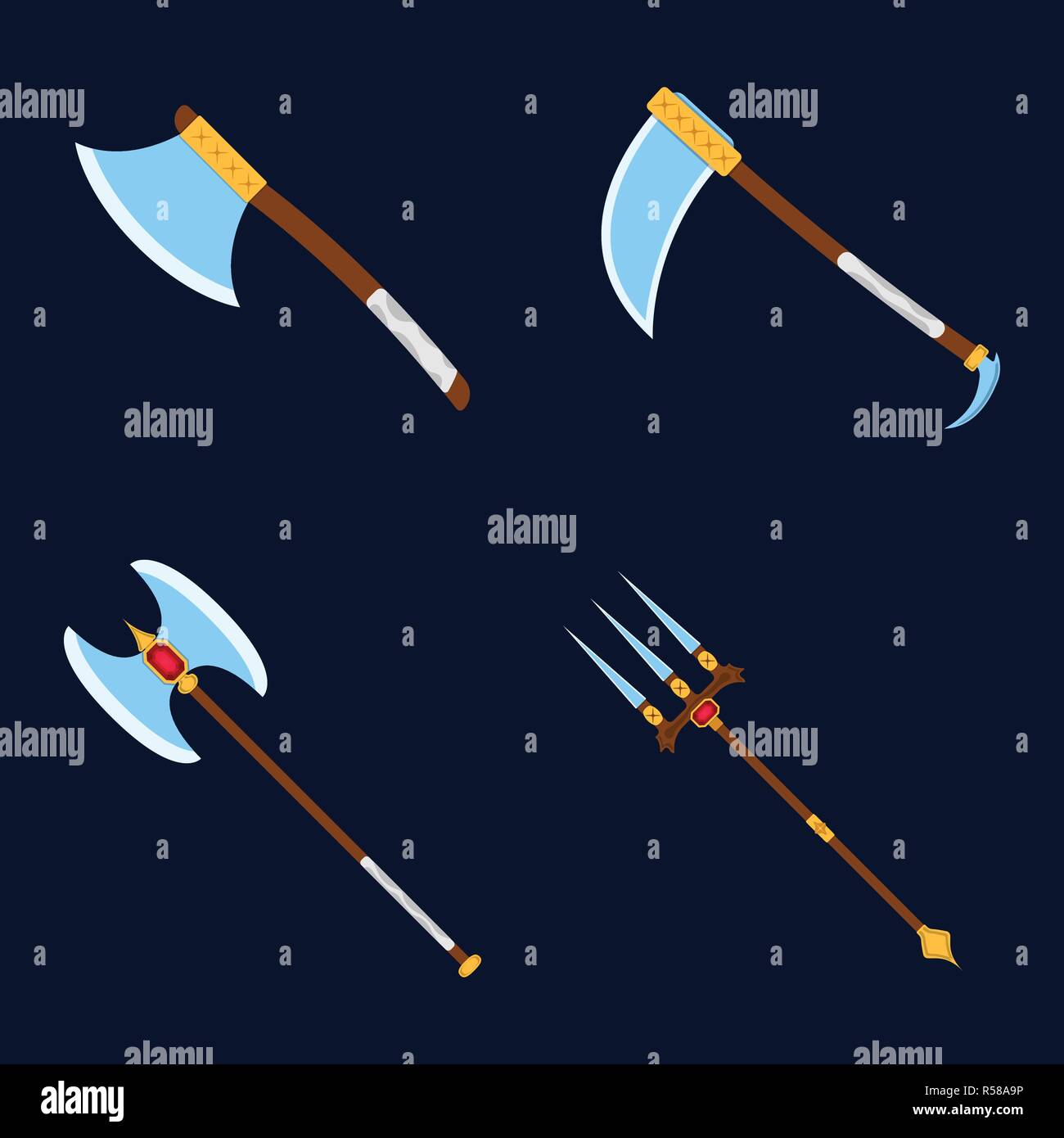Set of weapon icon. Label of fantasy and medieval weapon. Cartoon style ...