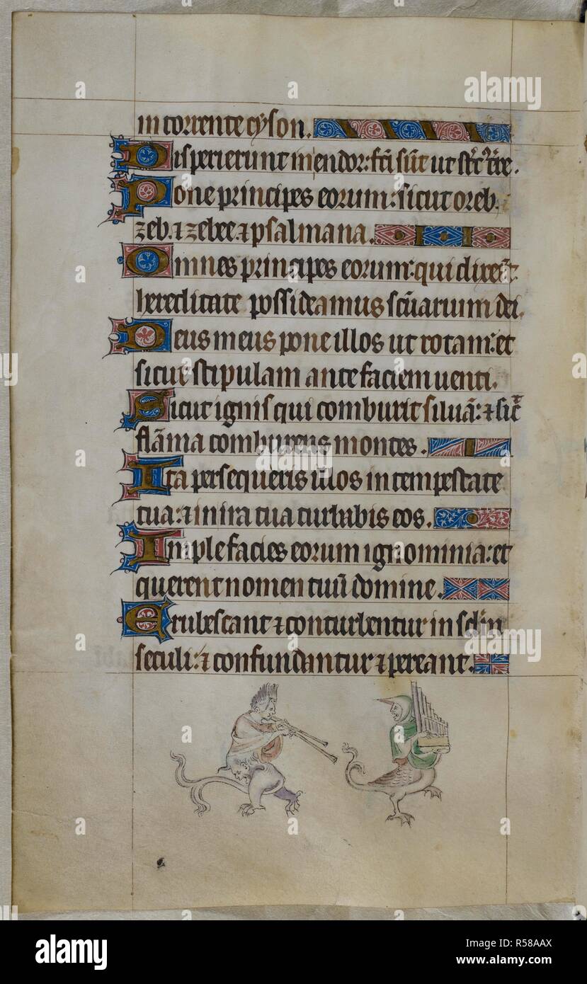 Bas-de-page scene of two grotesques, both playing piped instruments ...