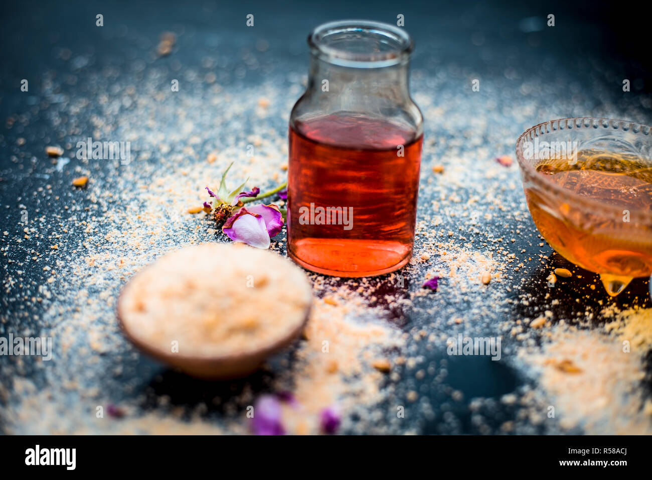 Close up of oats face pack i.e. Rose water,oats,gram flour and honey on ...