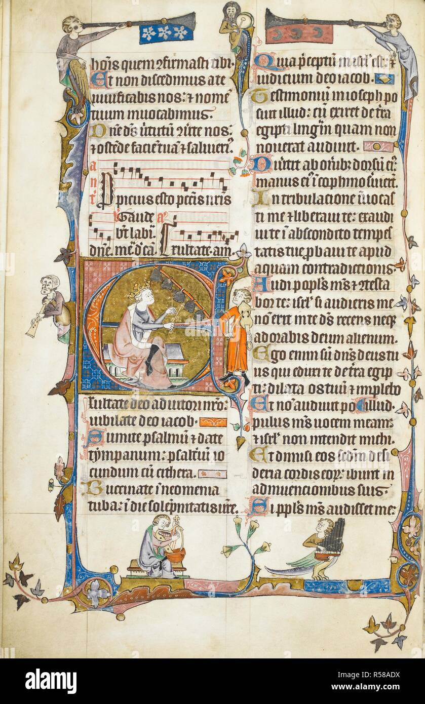 Psalter. Text; Psalm 80, with initial 'E', king playing bells and a ...