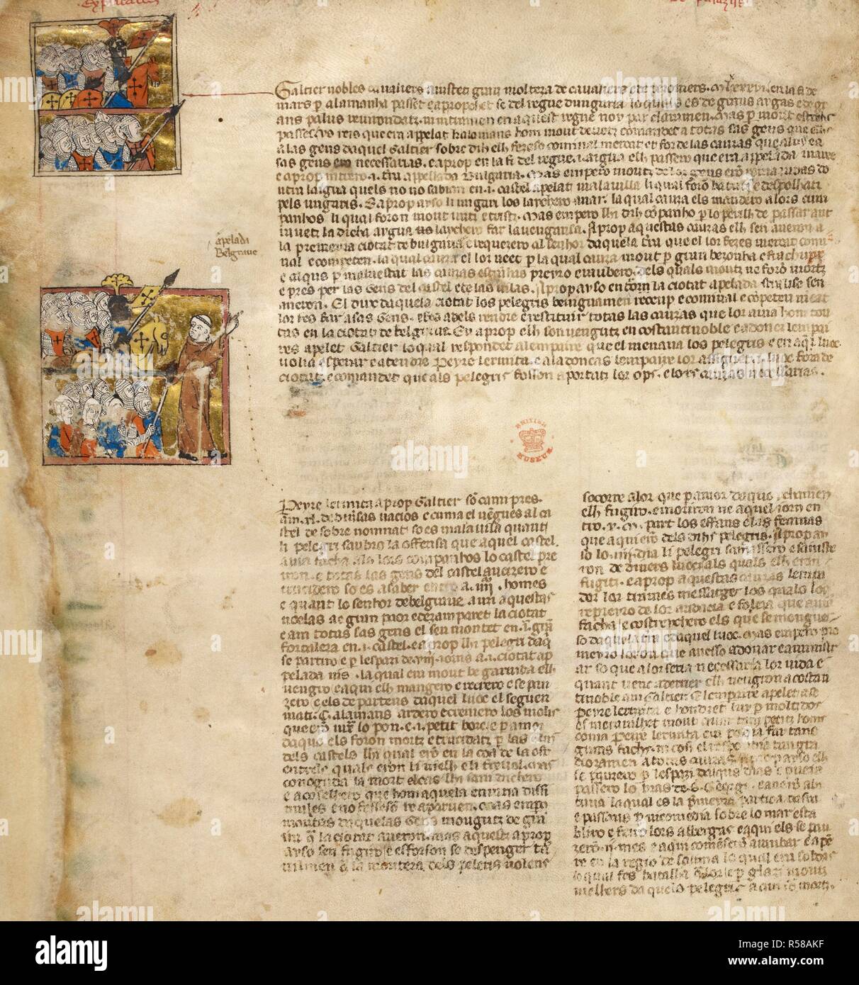 Two miniatures and text. Crusaders and Peter the hermit leading ...