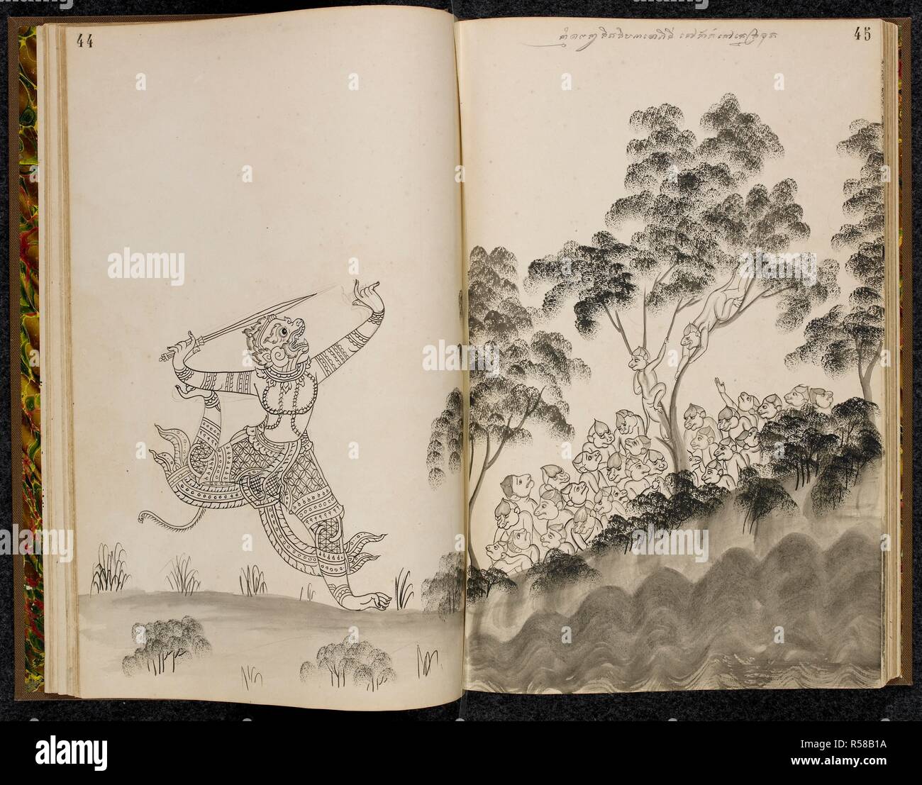 Hanuman, the monkey king, calls his army of monkeys, scene from the ...