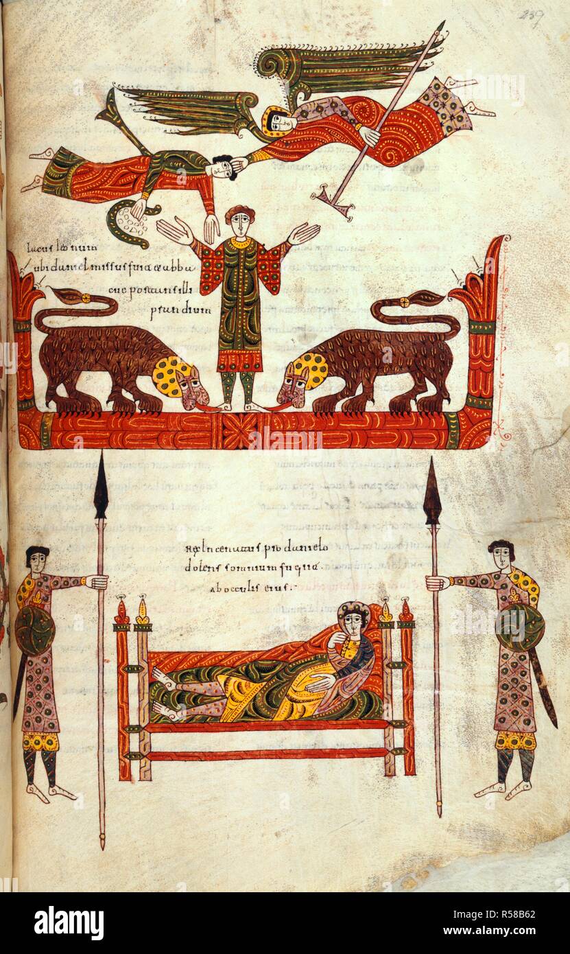 Daniel in the lion's den, with an inscription: 'lucus leonum ubi daniel ...