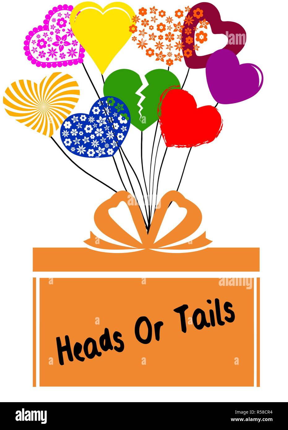 HEADS OR TAILS on gift box with multicoloured hearts Stock Photo - Alamy