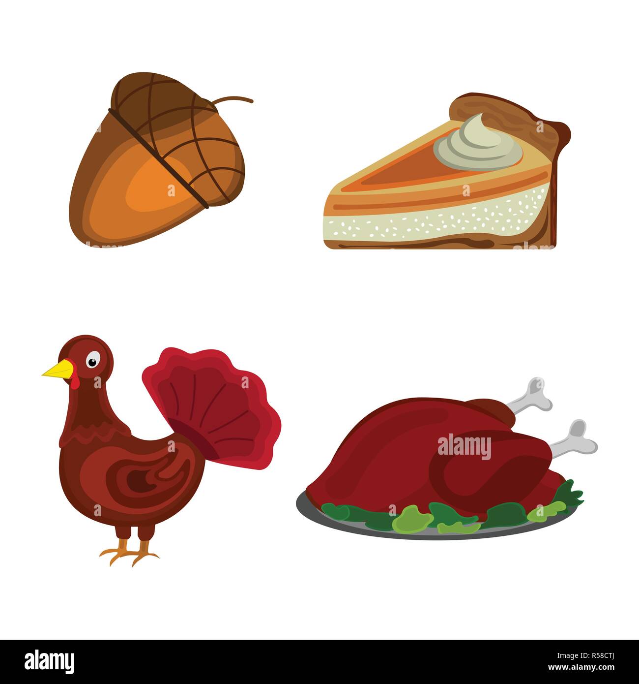 Set of Thanksgiving Day: Acorn, Turkey, Pumpkin pie icon. Cartoon style ...