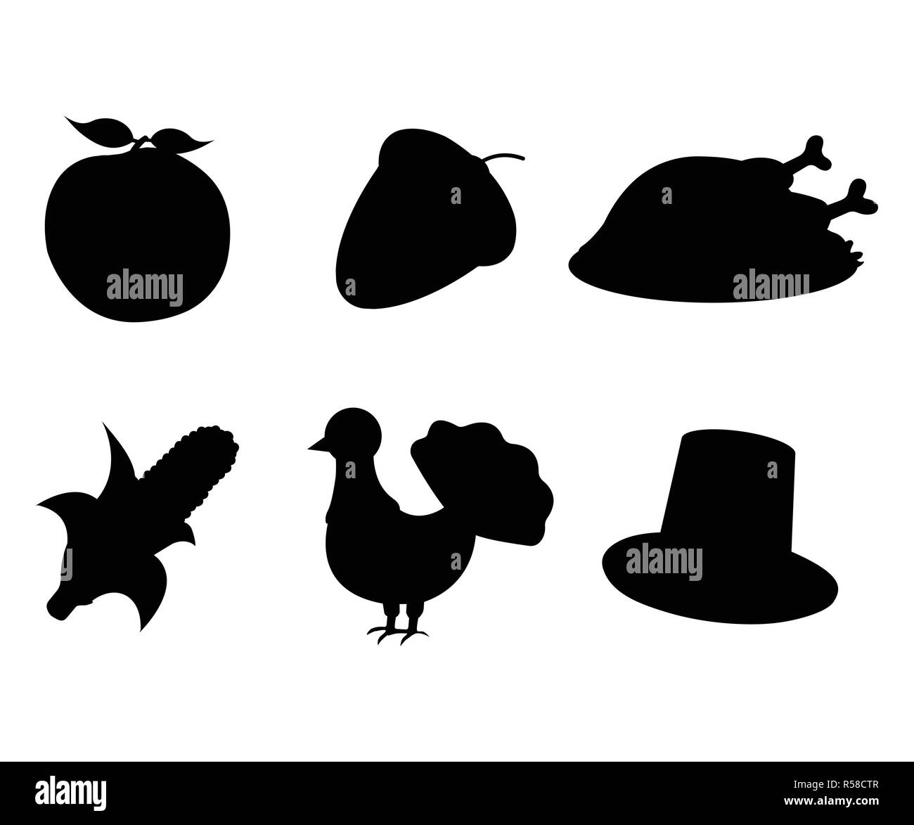 Set of Thanksgiving Day: Apple, Acorn, Turkey, Corn, Hat icon. Simple ...