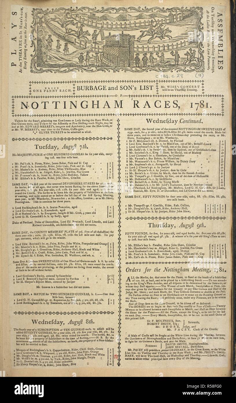 A list of Nottingham races for August 1781. Burbage and Son's list of ...