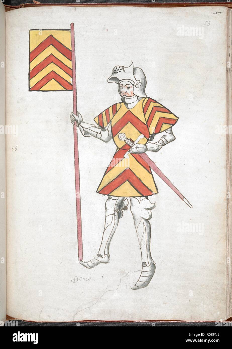 Coloured drawing of a knight in armour and tabard. Legh's Men of Arms ...