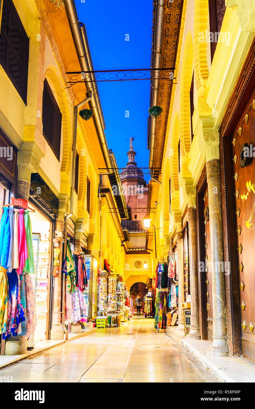 Street view with Cathedral of the Incarnation main tower, Granada ...