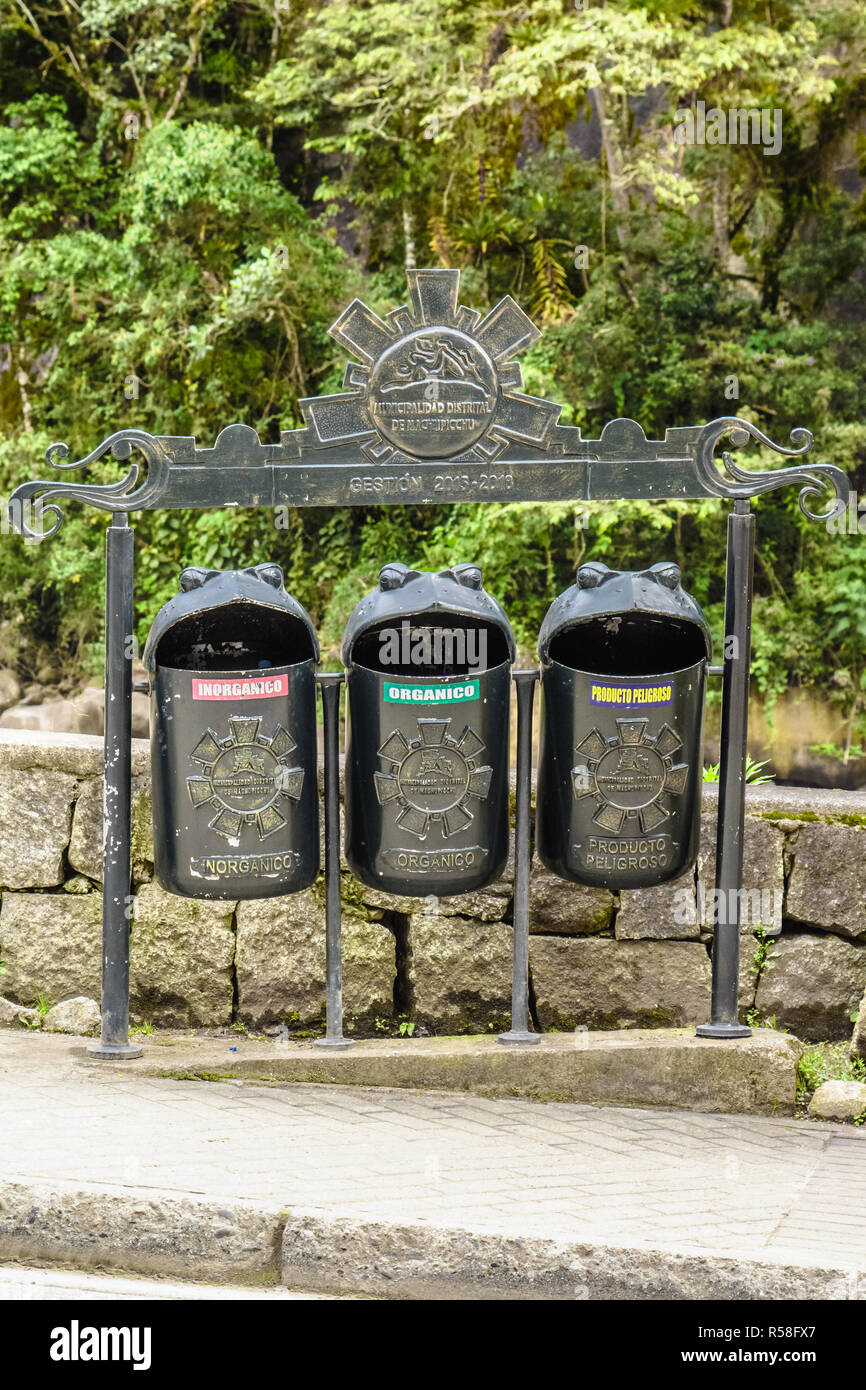Recycling garbage bins in Aguas calientes,Cusco, Peru Stock Photo - Alamy