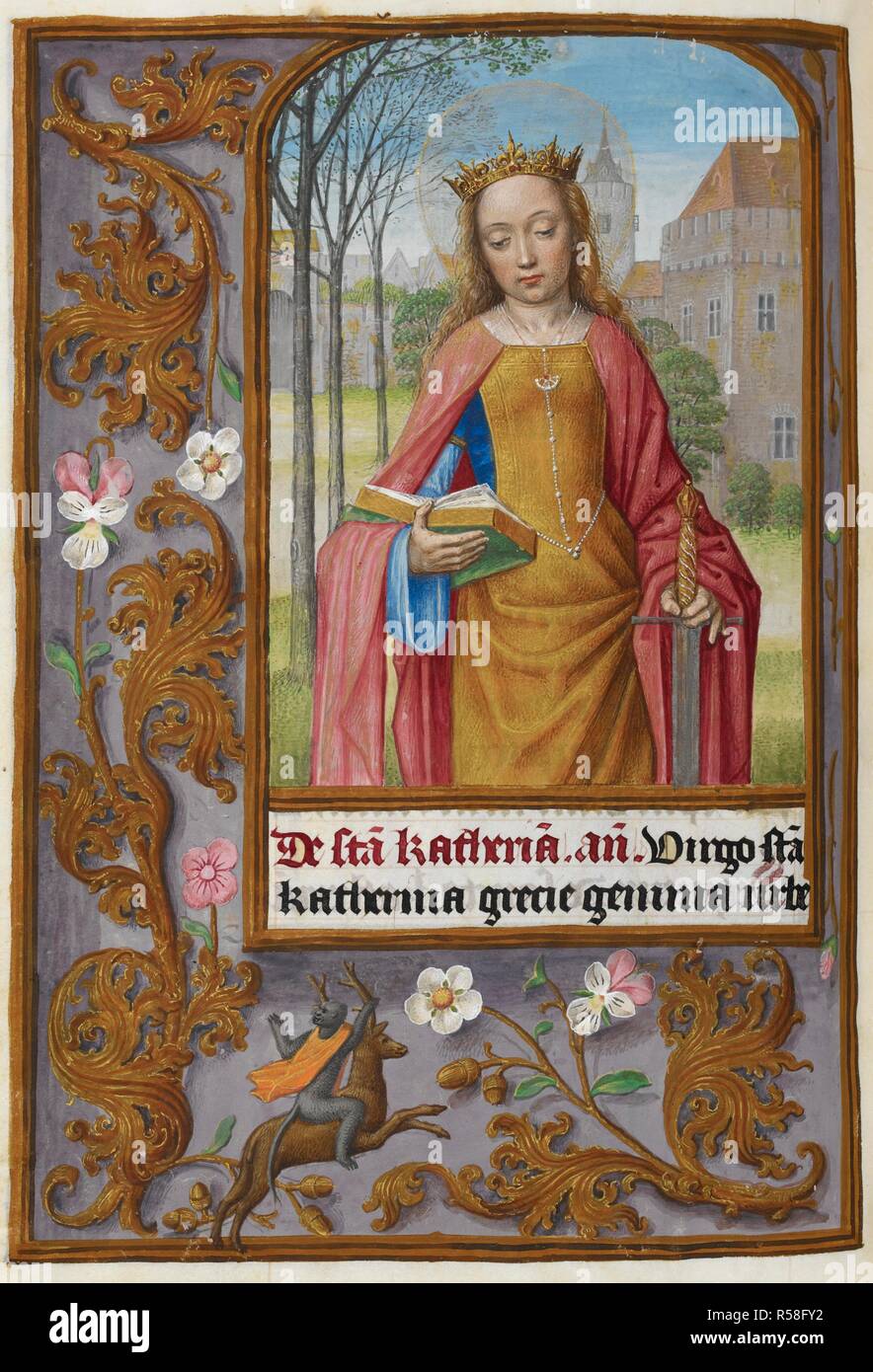 Saint Katherine reading a book. A floral border. Hours of the Virgin ...