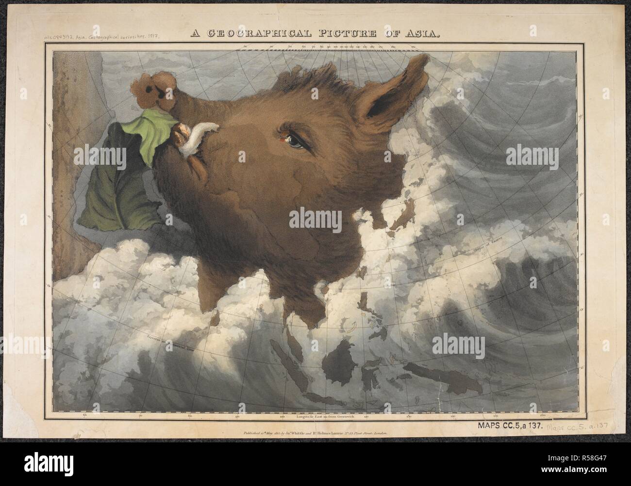 Coloured map of Asia, showing the face of a wild boar. A geographical ...