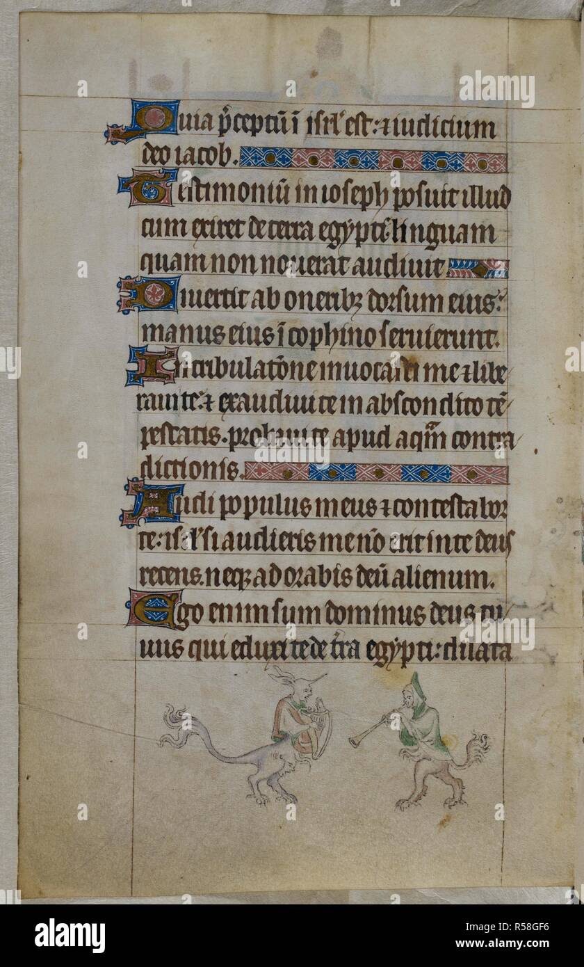 Bas-de-page scene of two grotesques playing a stringed instrument and a ...