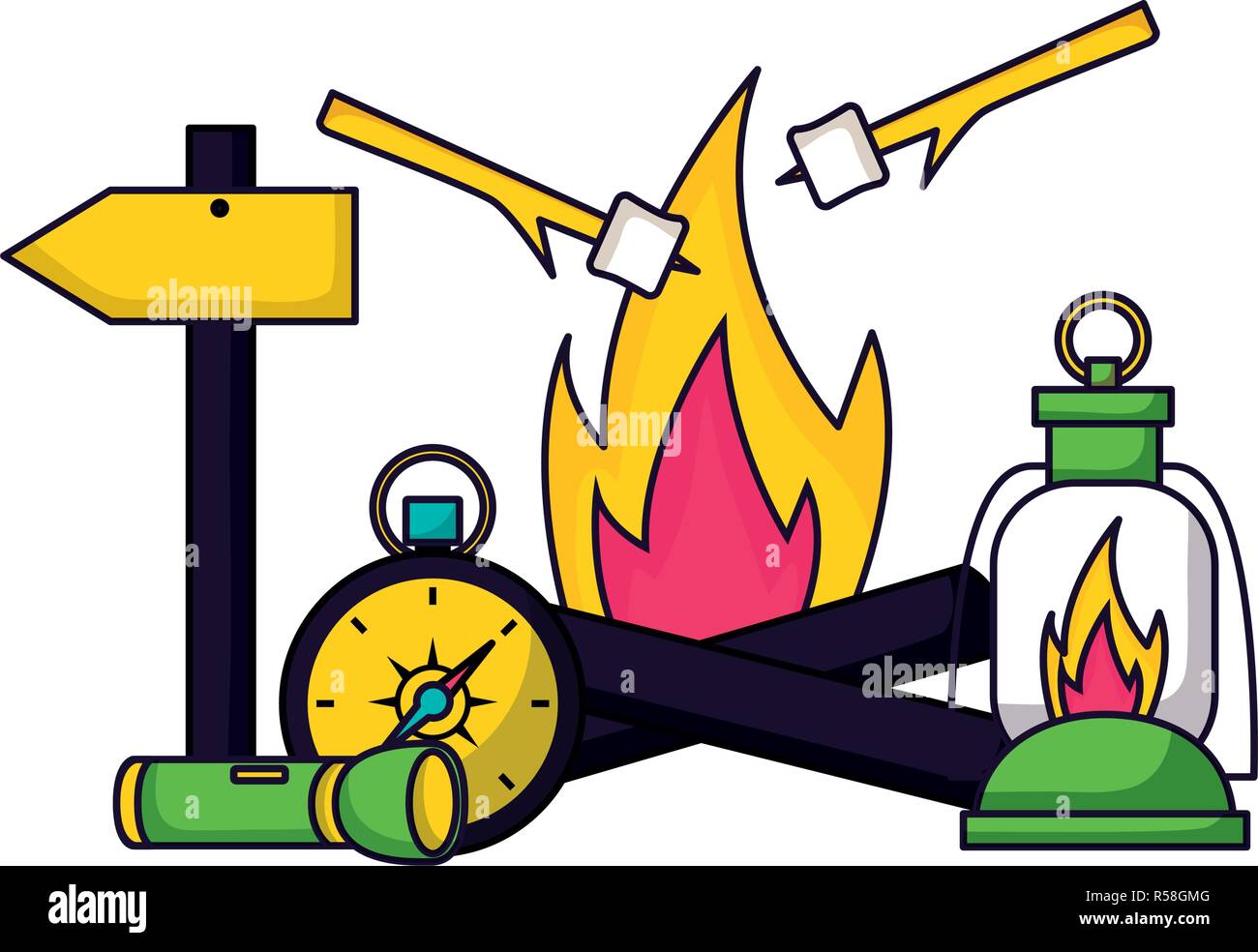 bonfire lantern compass flashlight camping summer vector illustration ...