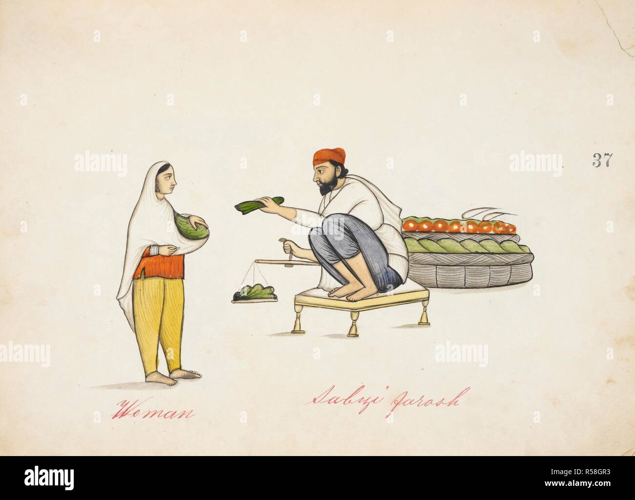 Vegetable-seller. c.1860 Punjab style. Watercolour. Inscribed: â€˜Woman ...