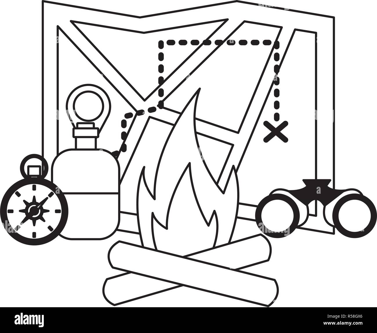 map campfire compass binoculars camping summer vector illustration ...