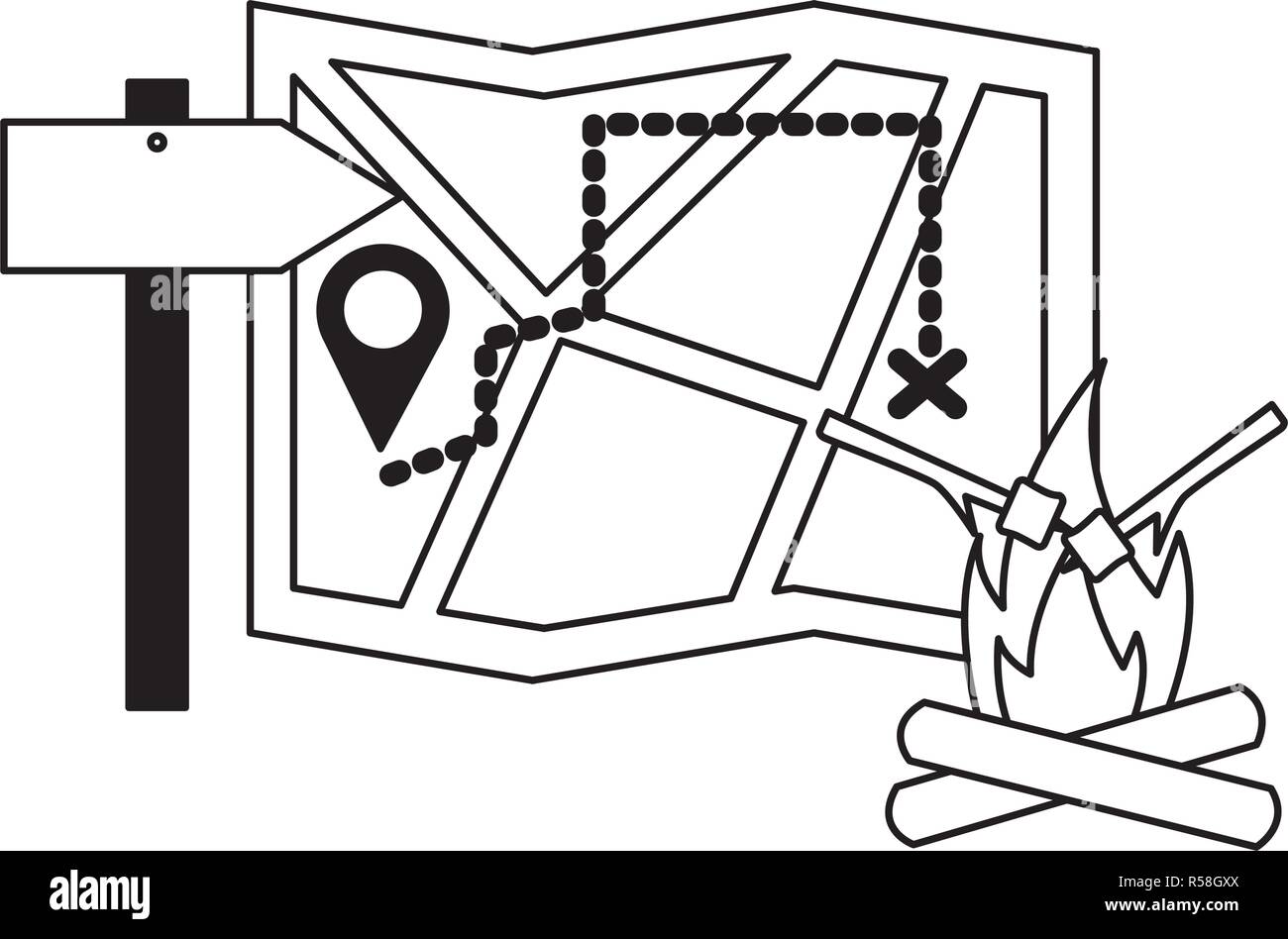 map location bonfire and arrow guide camping summer vector illustration ...