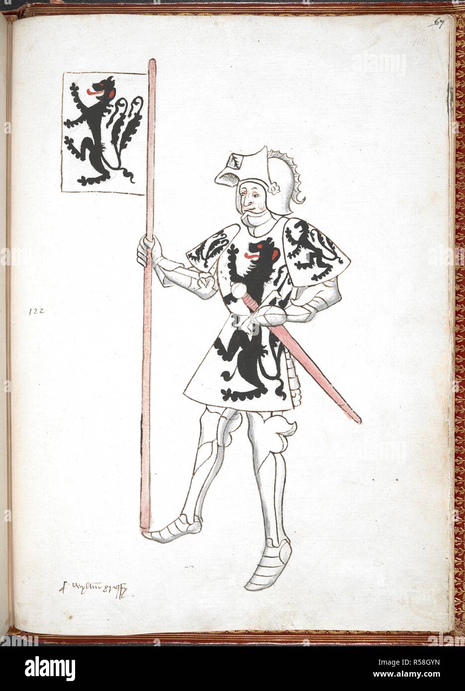 Knight, in armour and tabard, holding a sword and a standard with ...