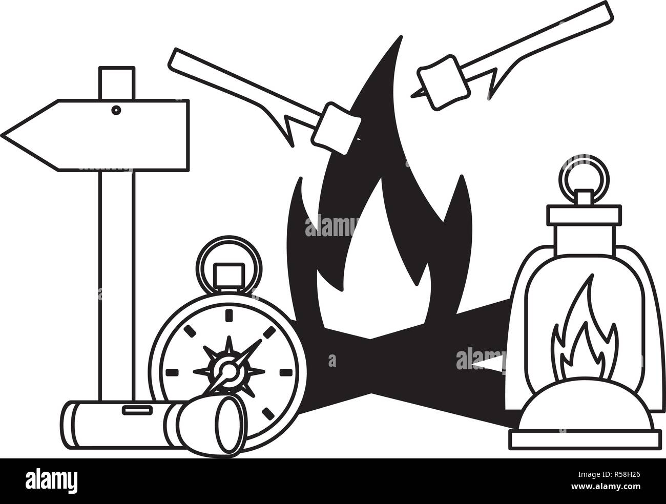 bonfire lantern compass flashlight camping summer vector illustration ...
