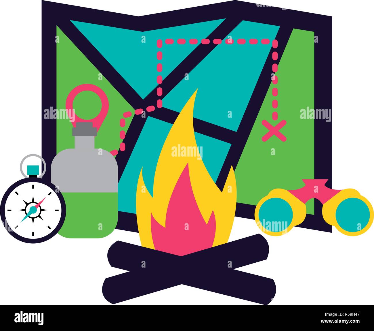 map campfire compass binoculars camping summer vector illustration ...