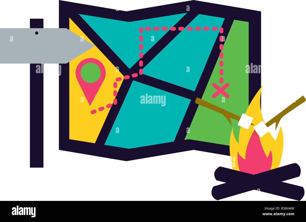 map location bonfire and arrow guide camping summer vector illustration ...