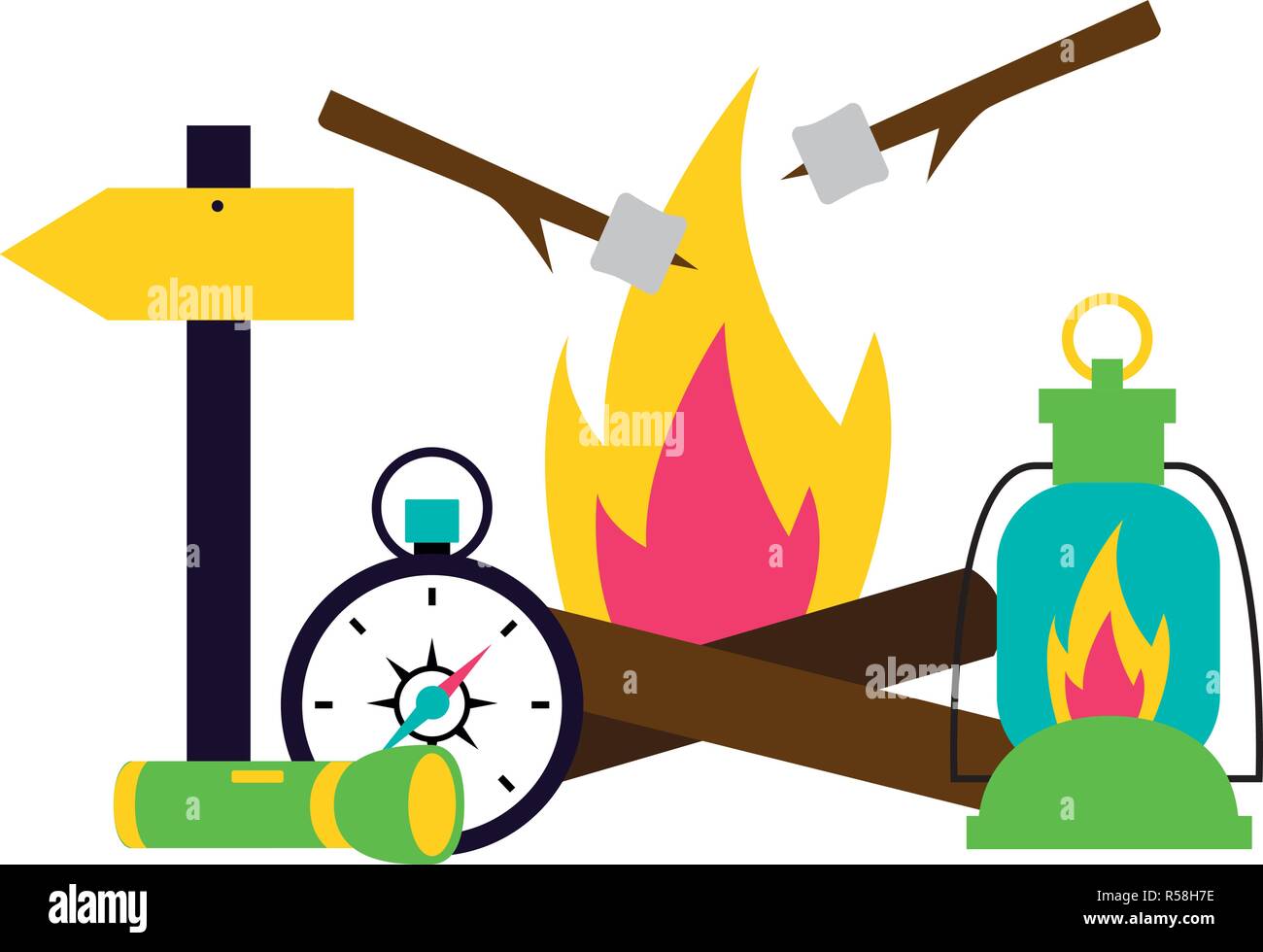 bonfire lantern compass flashlight camping summer vector illustration ...