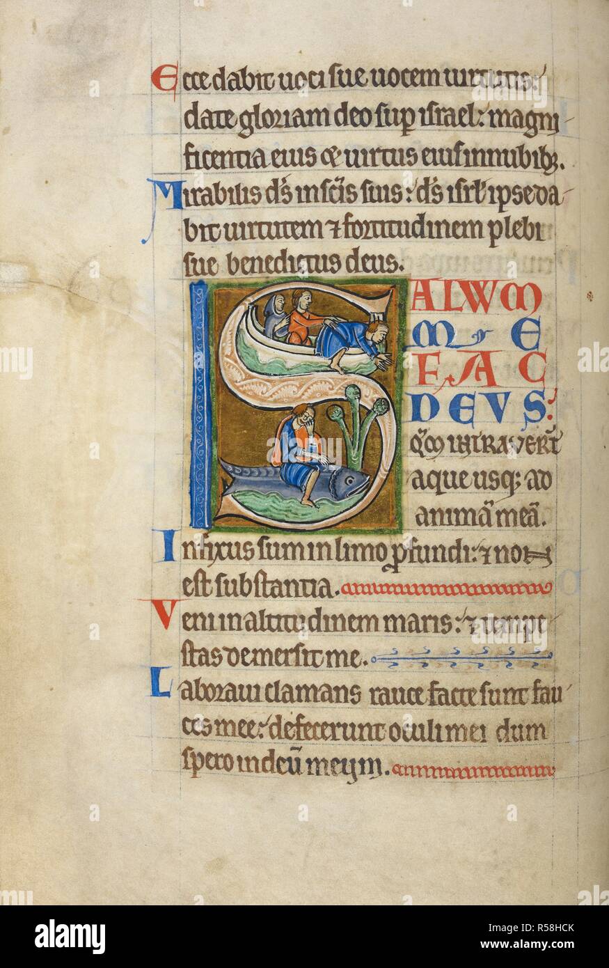 Historiated initial 'S'(alvum) of Jonah falling from his boat, and ...