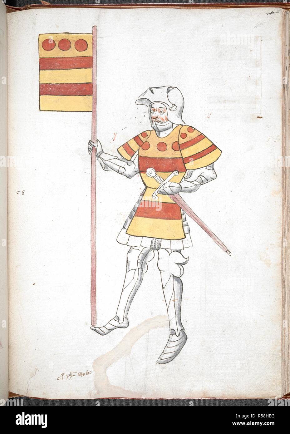 Coloured drawing of a knight in armour and tabard. Legh's Men of Arms ...