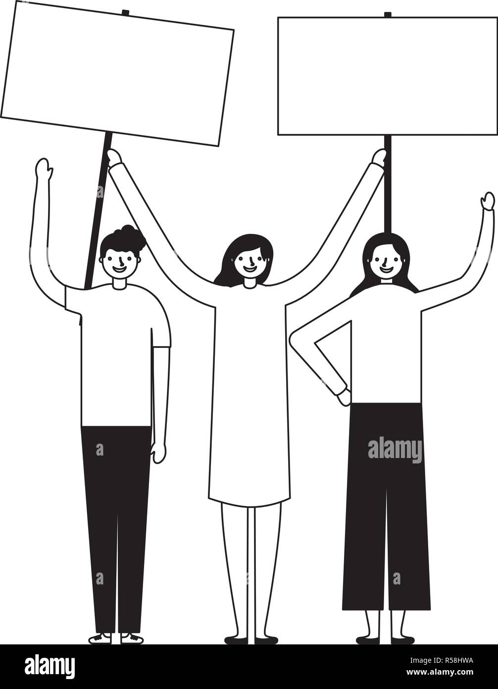 people holding banner with stick vector illustration Stock Vector Image ...