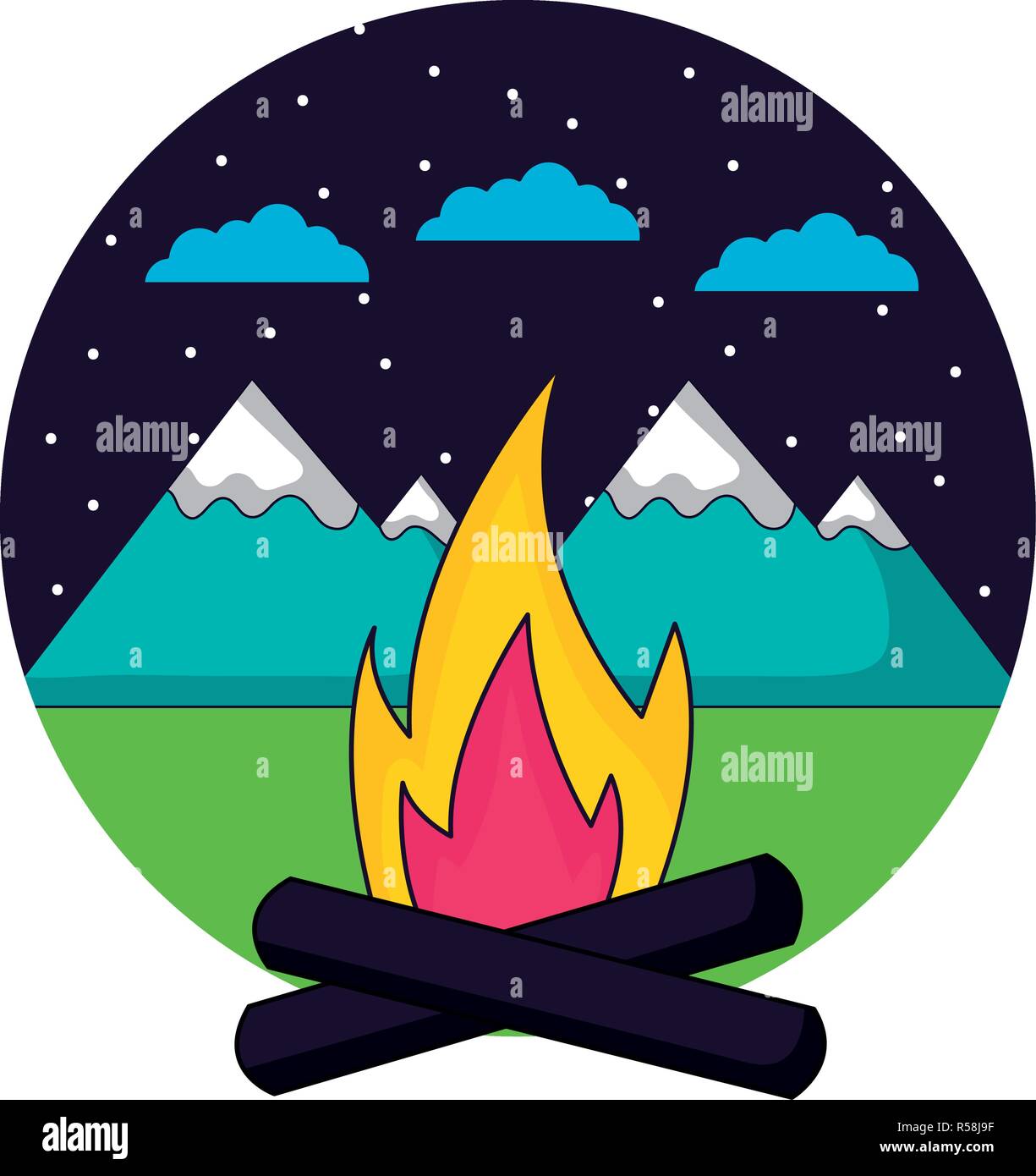 bonfire mountains night star camping landscape vector illustration ...