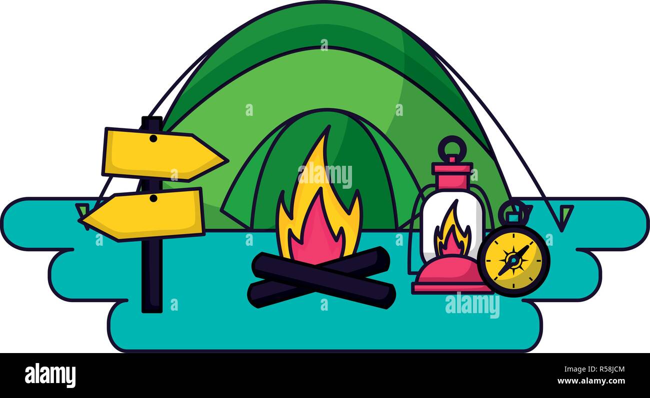 tent bonfire lantern compass camping summer vector illustration Stock ...
