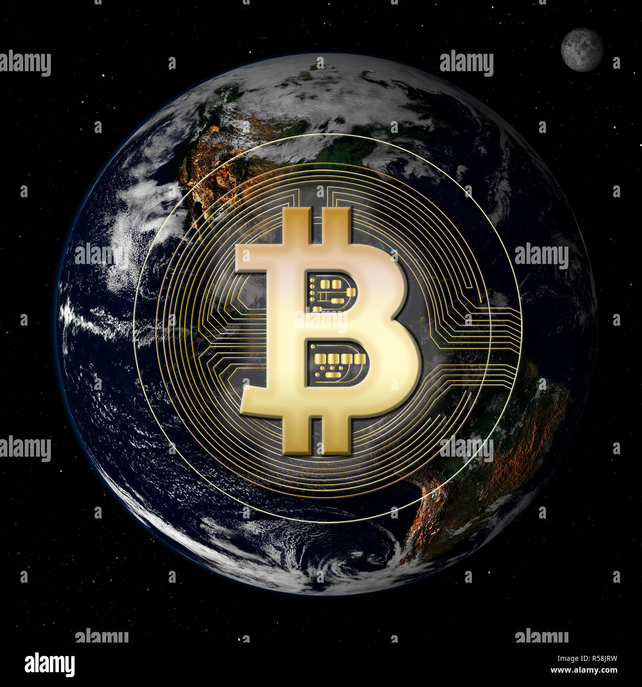 Bitcoin symbol with the globe behind it Stock Photo - Alamy