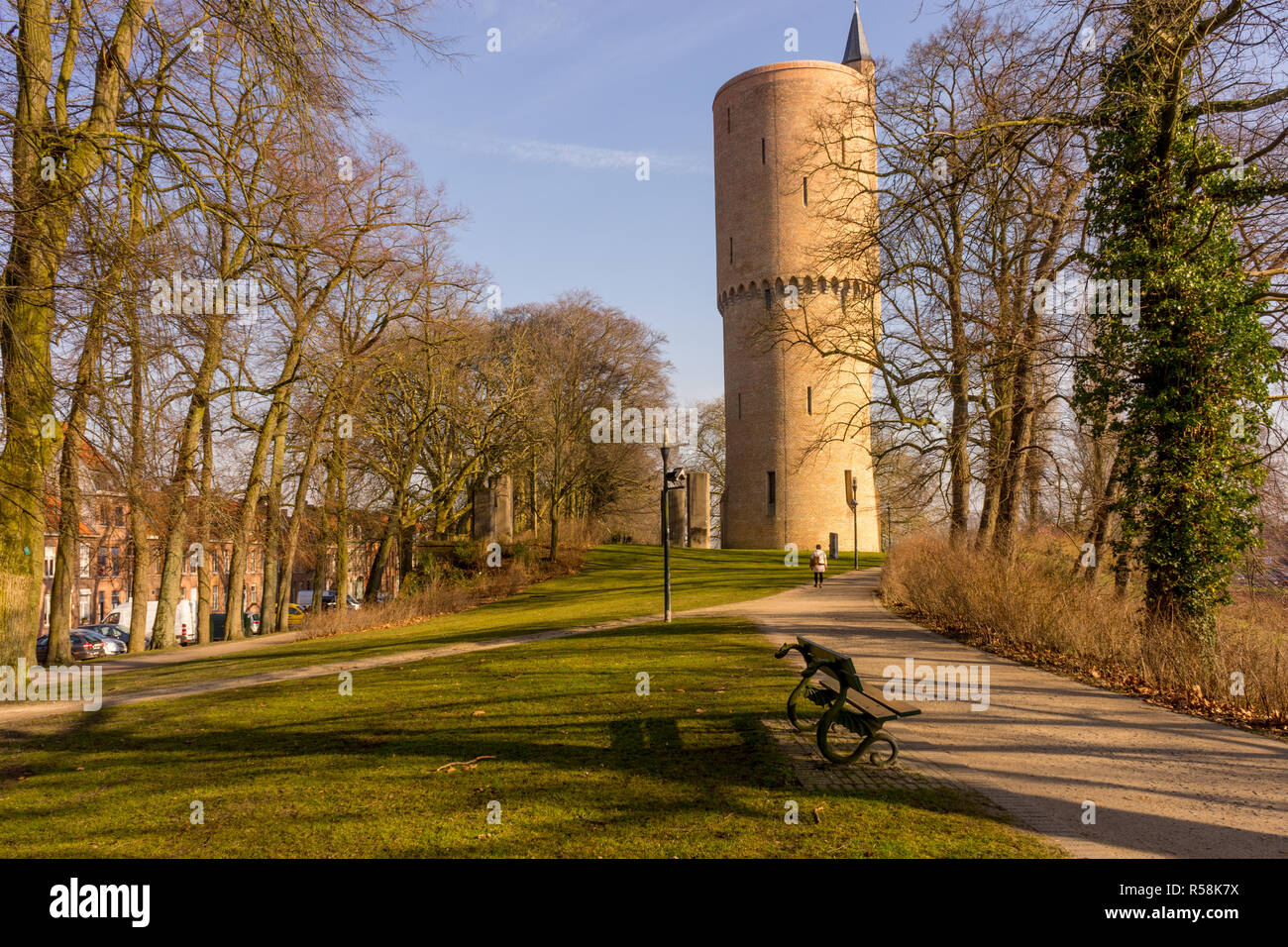 Europe, Belgium, Bruges, Knaresborough Castle, a park bench in front of ...