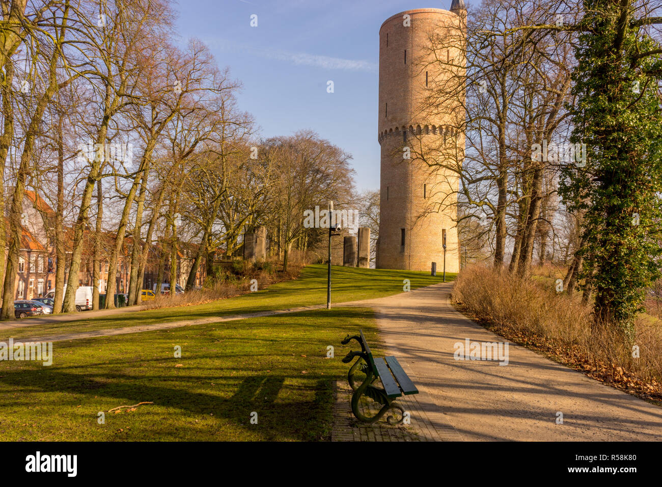 Europe, Belgium, Bruges, Knaresborough Castle, a park bench in front of ...