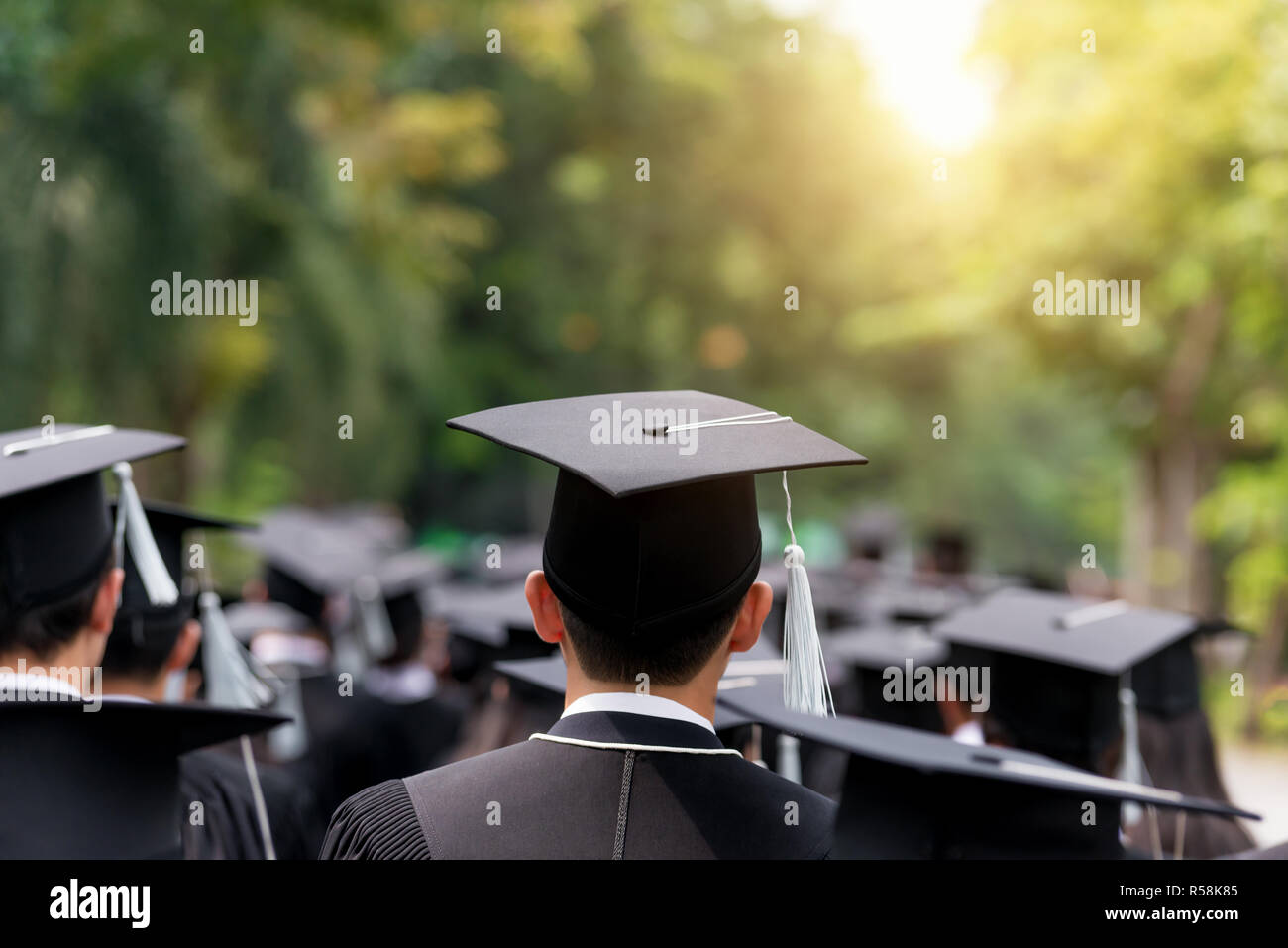 Back of graduates during commencement at university. Close up at ...